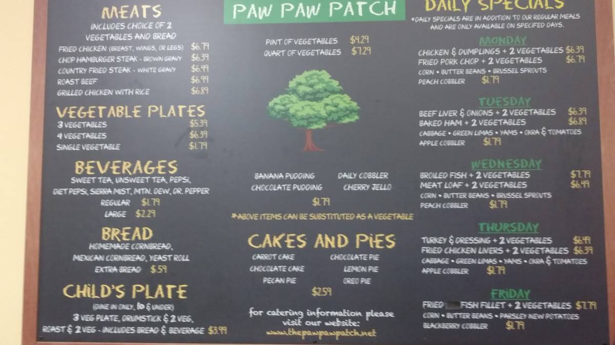 Menu at Paw Paw Patch restaurant, Birmingham