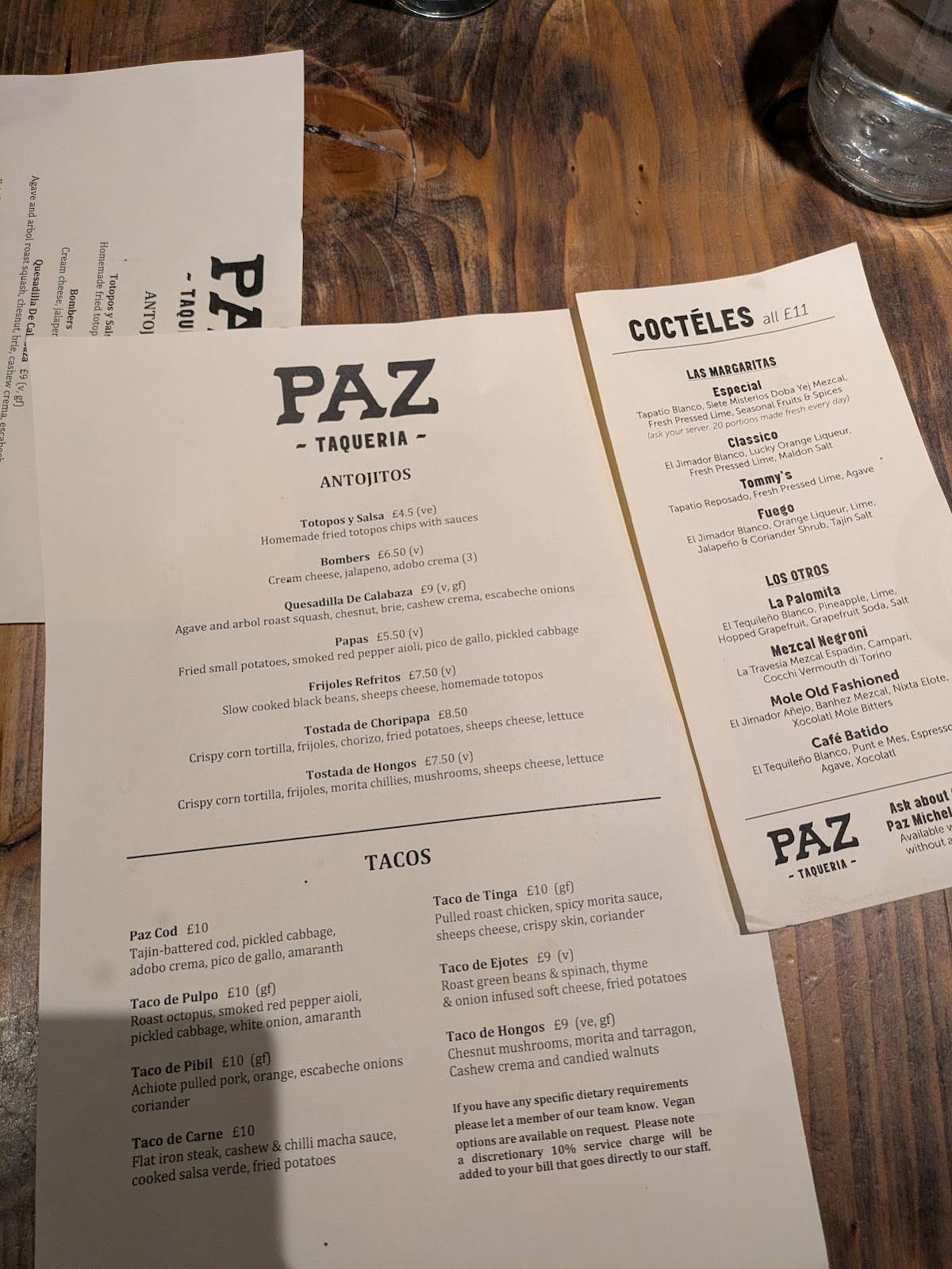 Menu at Paz Taqueria restaurant, Edinburgh
