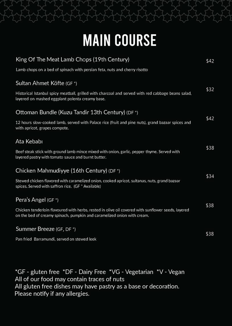Menu at Pera Palace Ottoman restaurant, Wynnum