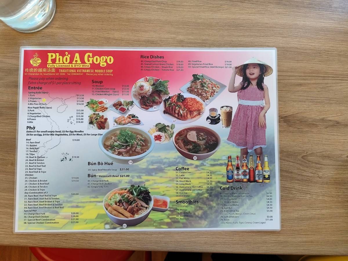 Menu at Pho A Gogo restaurant, Southbank