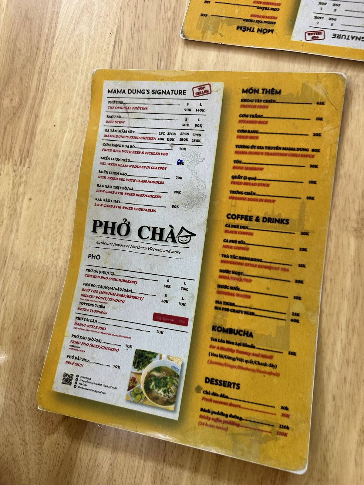 Menu at Phở Chào restaurant, Ho Chi Minh City