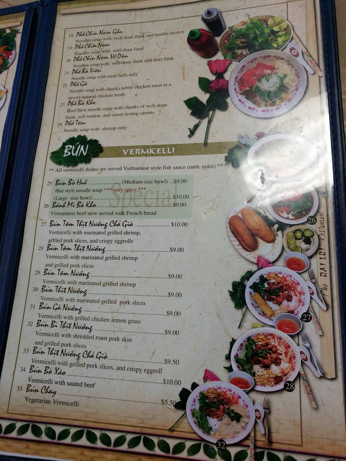 Menu at Pho Dai Loi restaurant, Forest Park, Jonesboro Rd