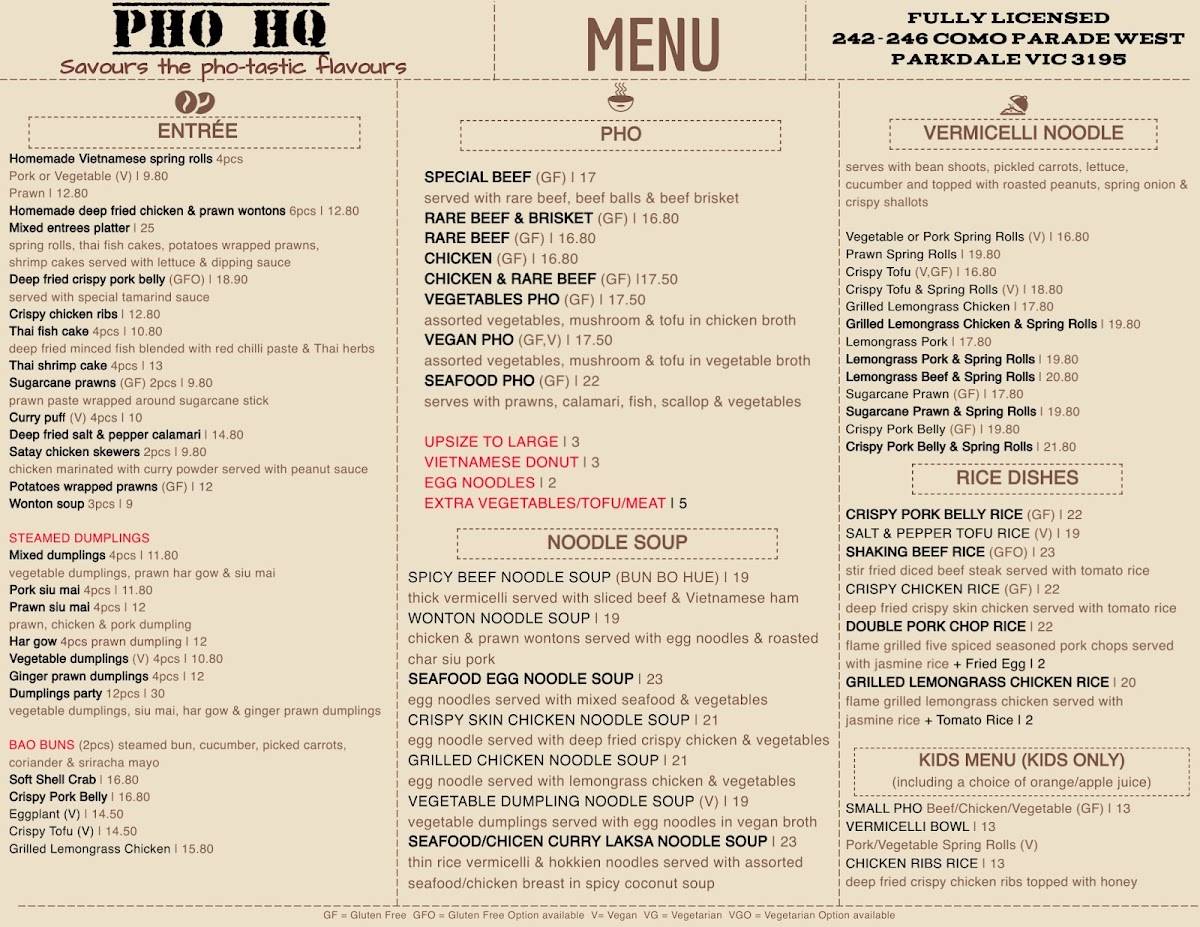 Menu at Pho HQ restaurant, Parkdale
