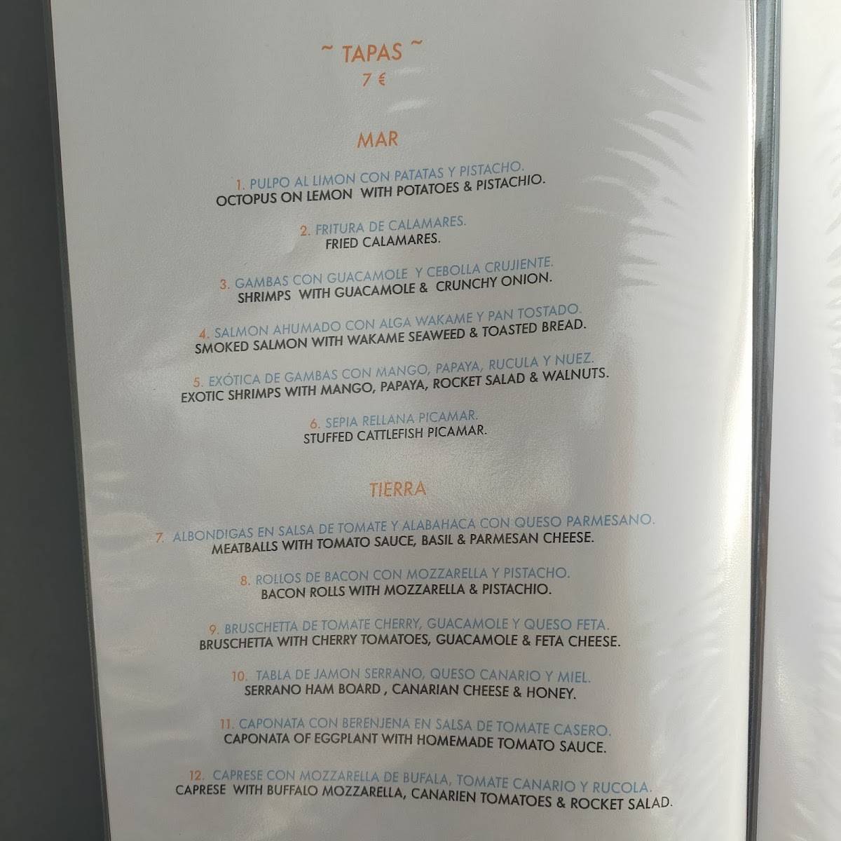 Menu at Picamar Tapas Bistrò restaurant, Costa Adeje