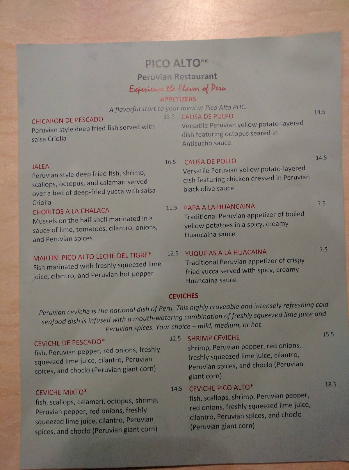 Menu at Pico Alto PHC Peruvian Restaurant, Indialantic