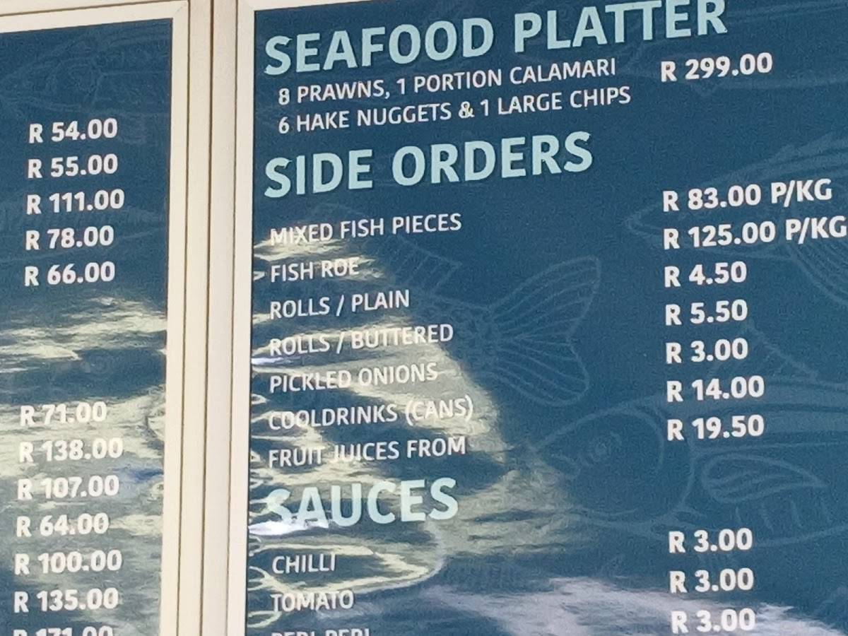 Menu at Plumstead Fisheries restaurant, Cape Town