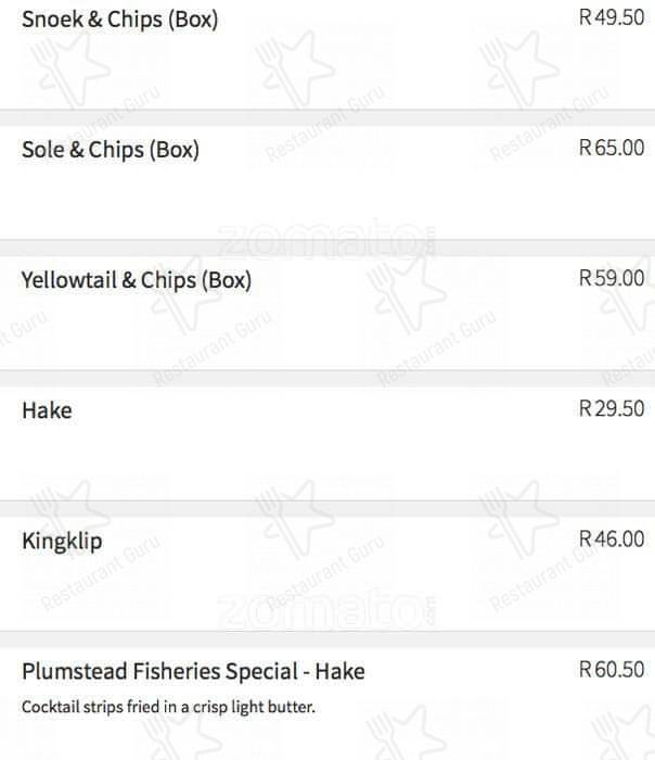 Menu at Plumstead Fisheries restaurant, Cape Town