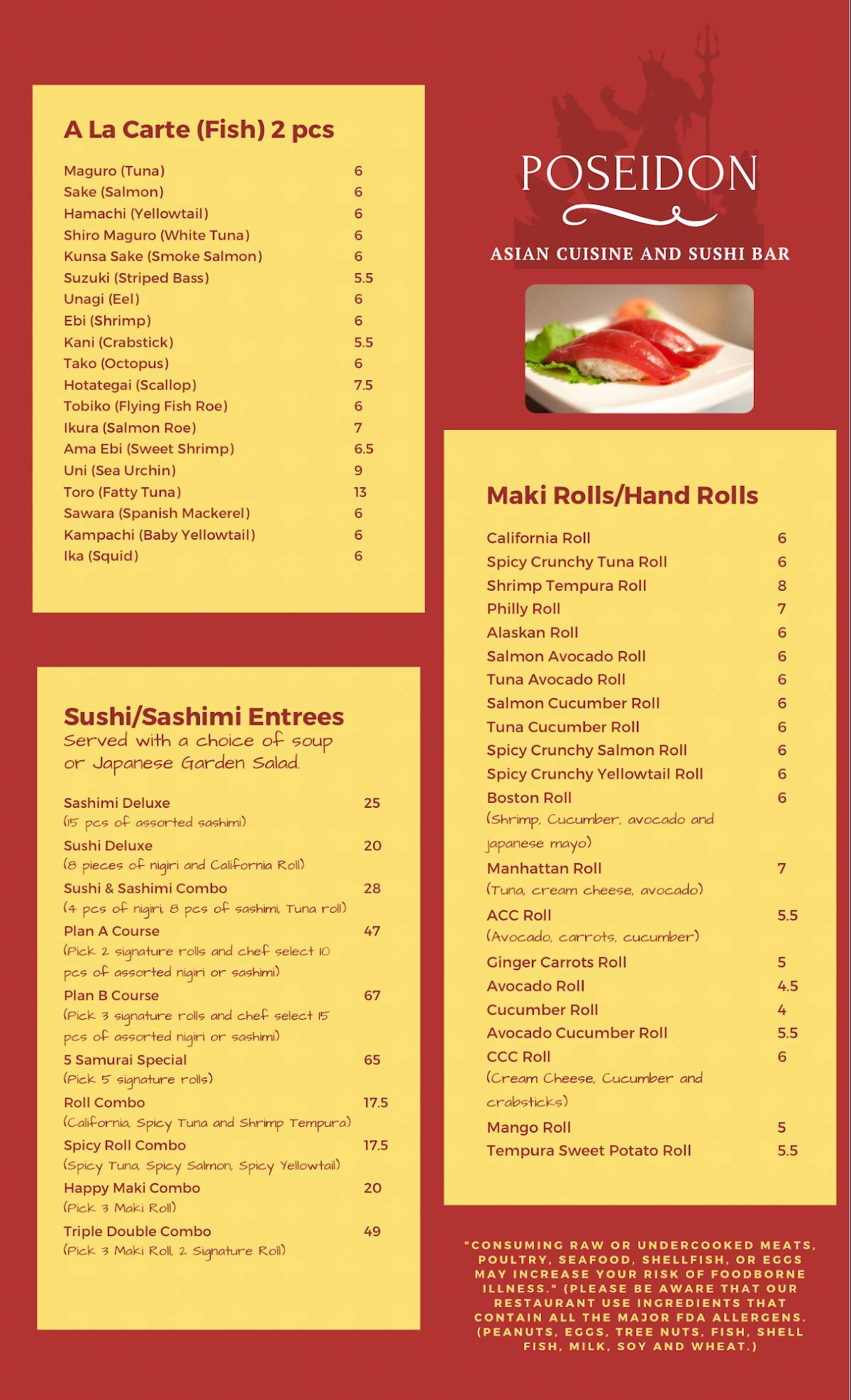 Menu at Poseidon Asian Cuisine restaurant, Paoli