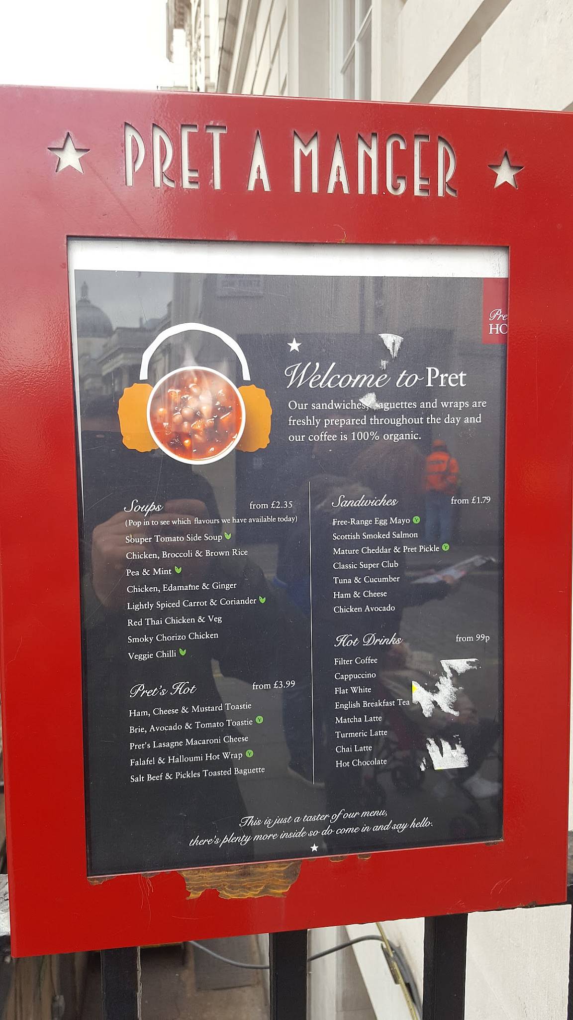 Menu at Pret A Manger fast food, London, The Walbrook