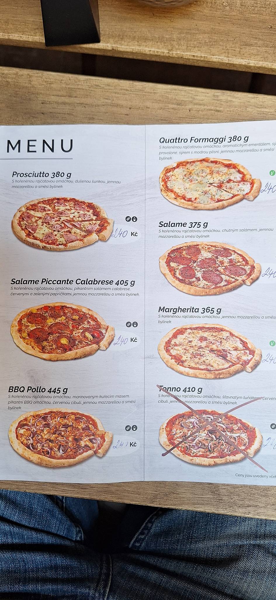 Menu at Primavera Garden, Prague