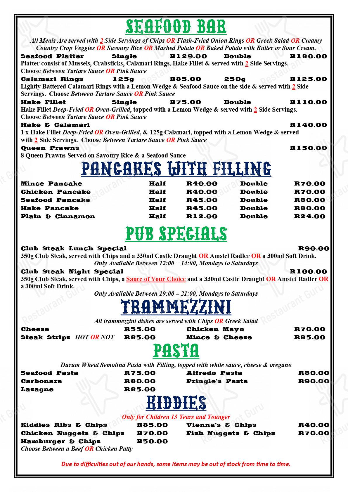 Menu at Pringles Pub and Restaurant, De Aar