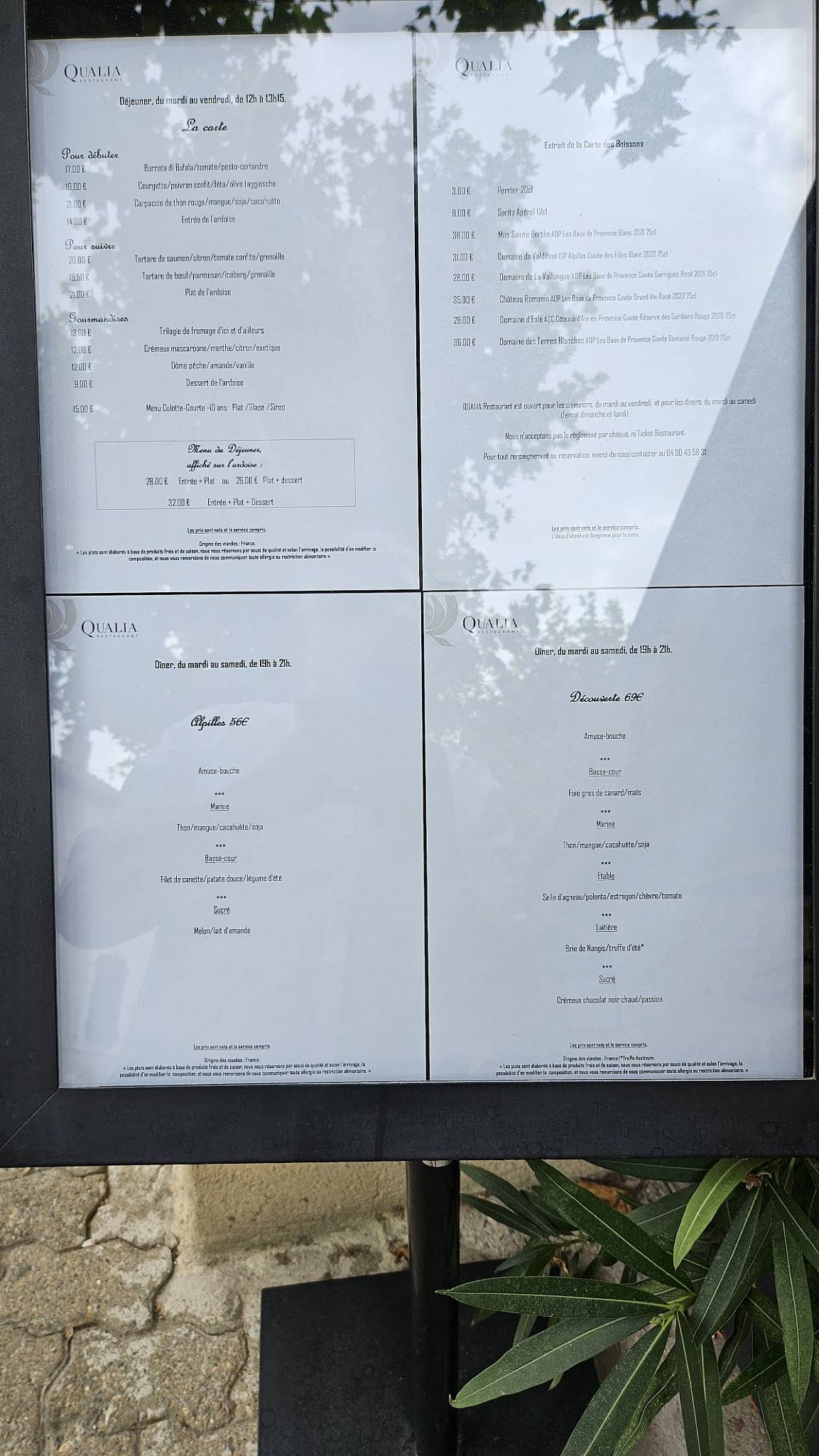 Menu au QUALIA Restaurant, Mouriès