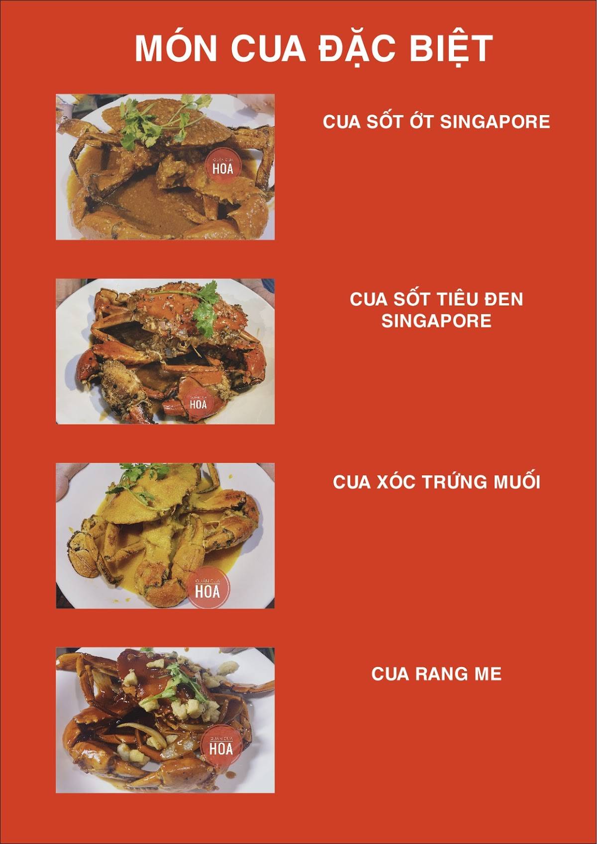 Menu at Quán Cua Hoa restaurant, Ho Chi Minh City