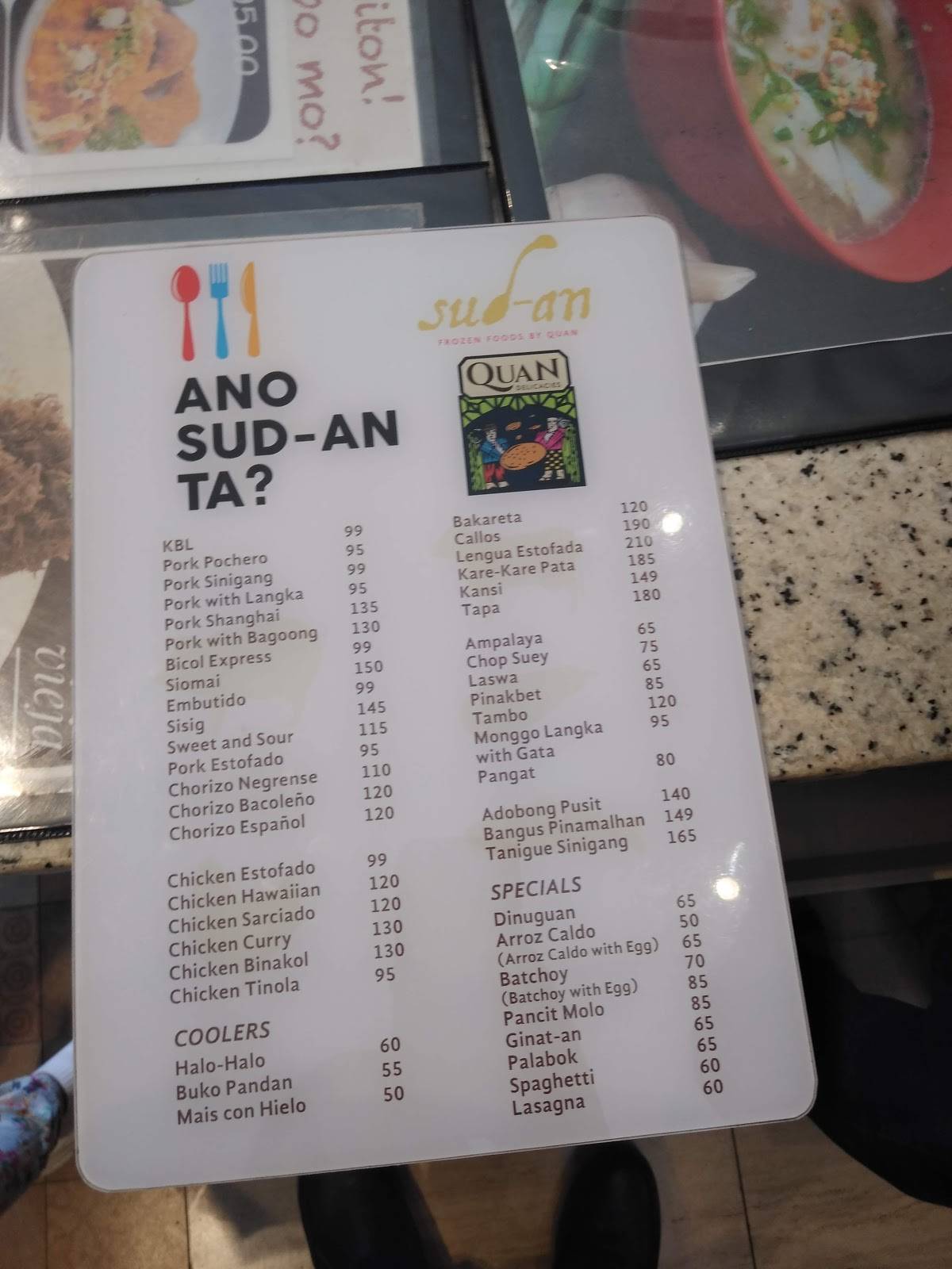 Carta del restaurante Quan Native Delicacies, Bacolod