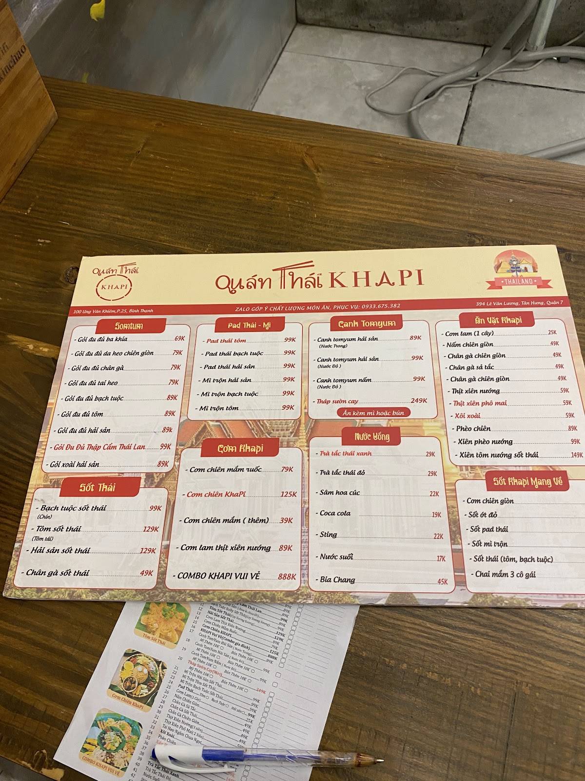 Menu at Quán Thái Khapi - 394 Lê Văn Lương restaurant, Ho Chi Minh City