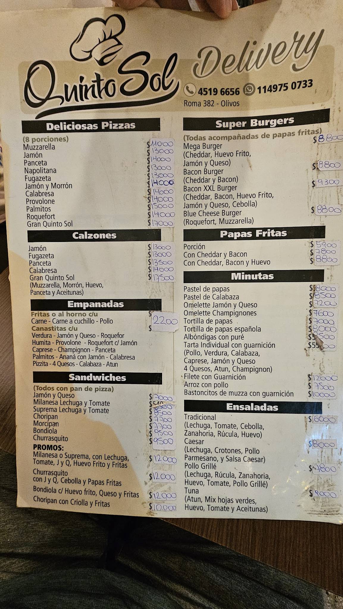Menu at Quinto sol restaurant, Olivos