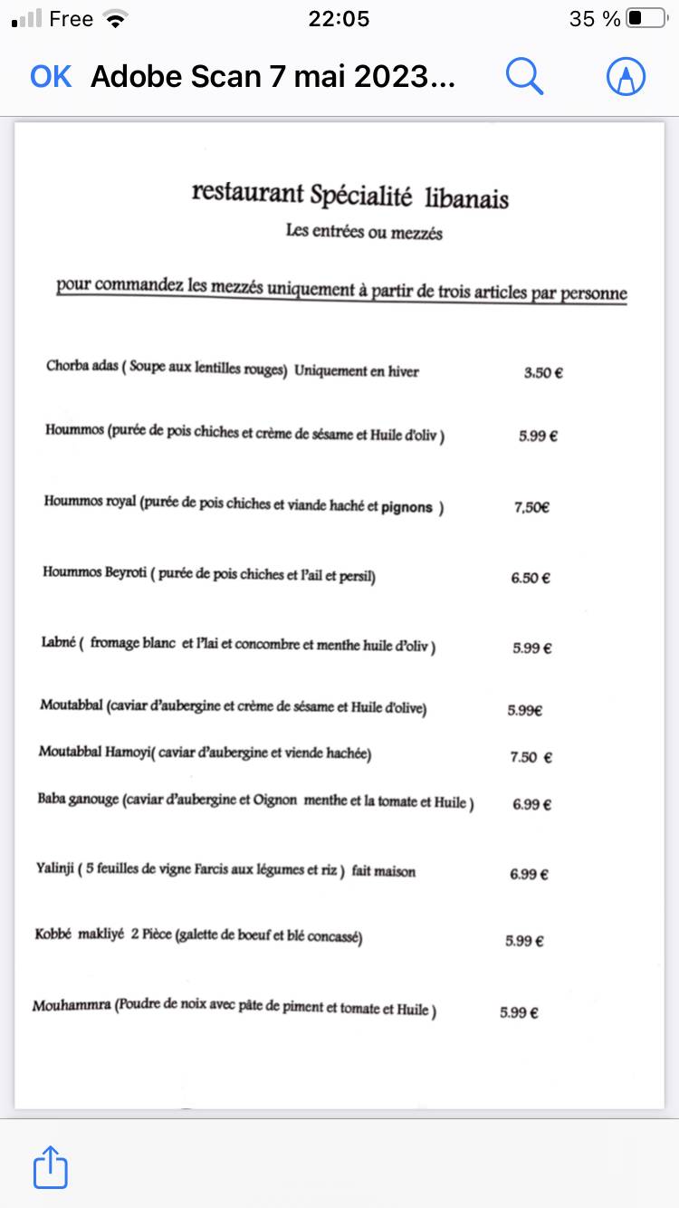 Menu au RESTAURANT LIBANAIS ALDAR, Wittenheim