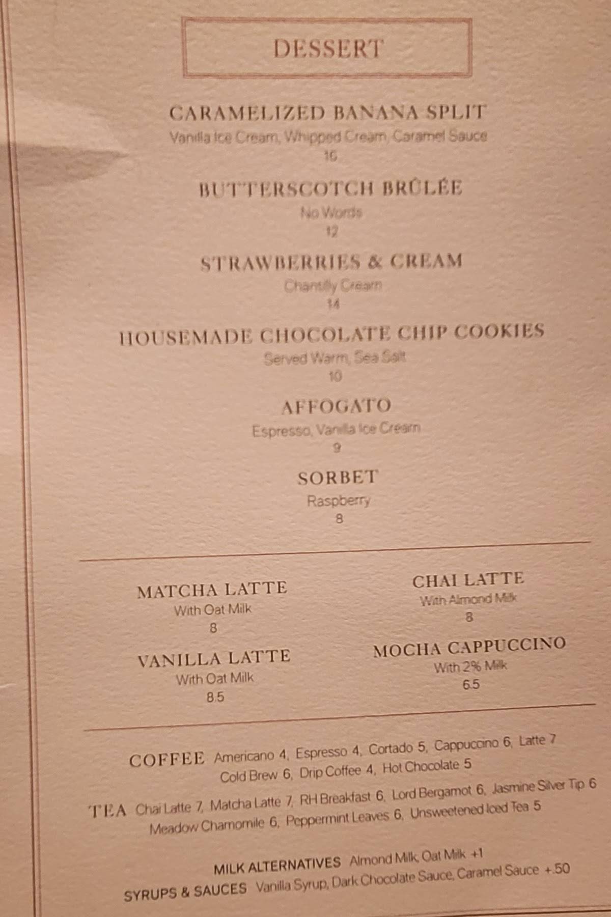 Menu at RH Rooftop Restaurant at RH Oak Brook, Oak Brook