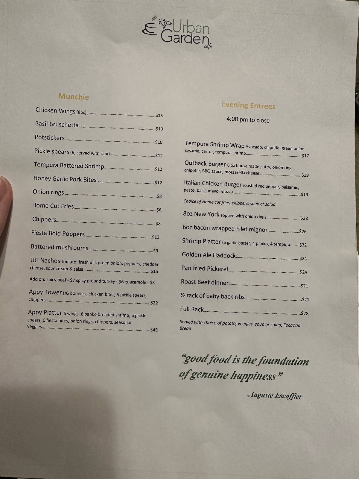 Menu at RJ's Urban Garden Cafe, Melfort