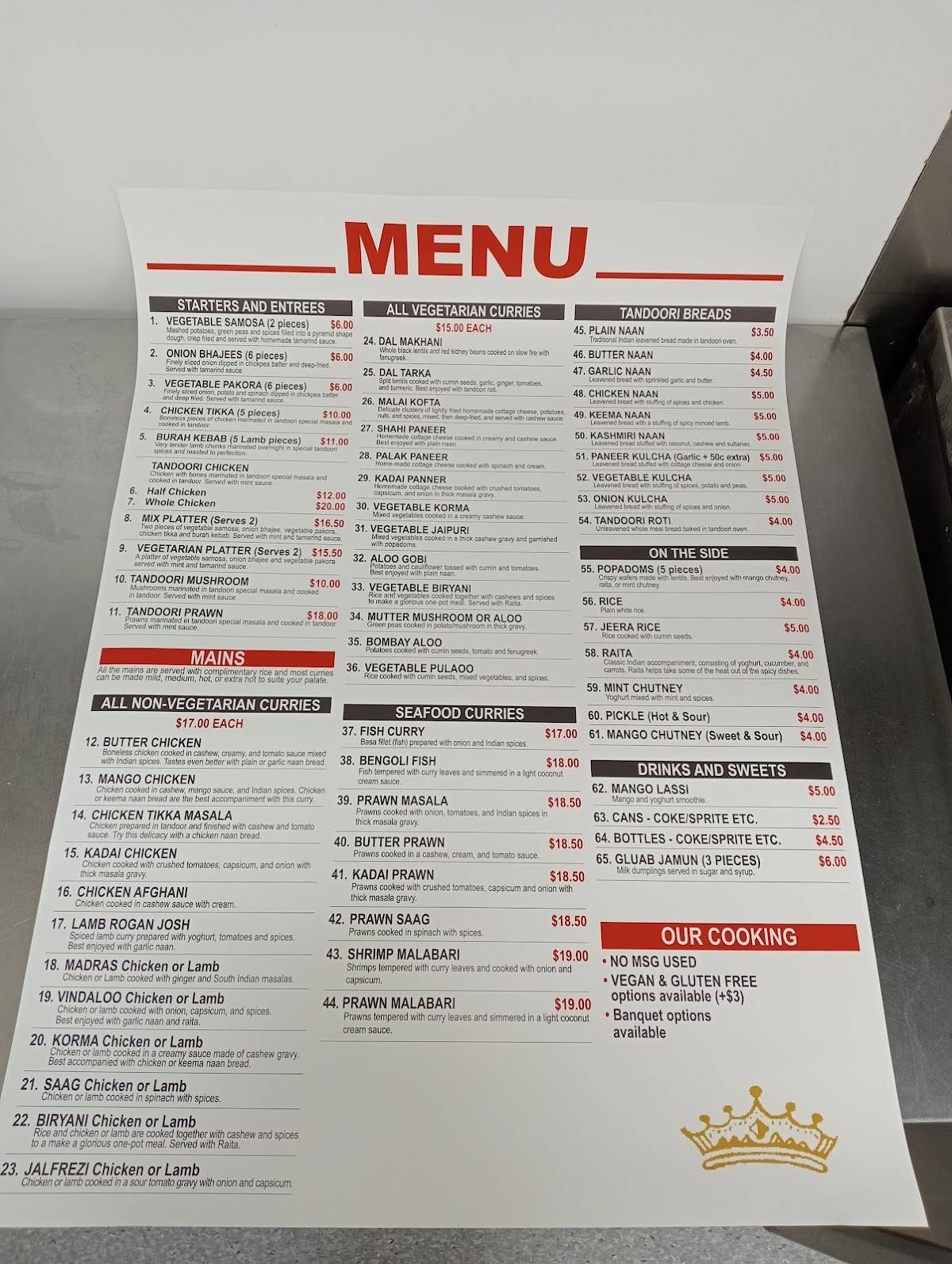 Menu at Raj Indian Restaurant, Balclutha