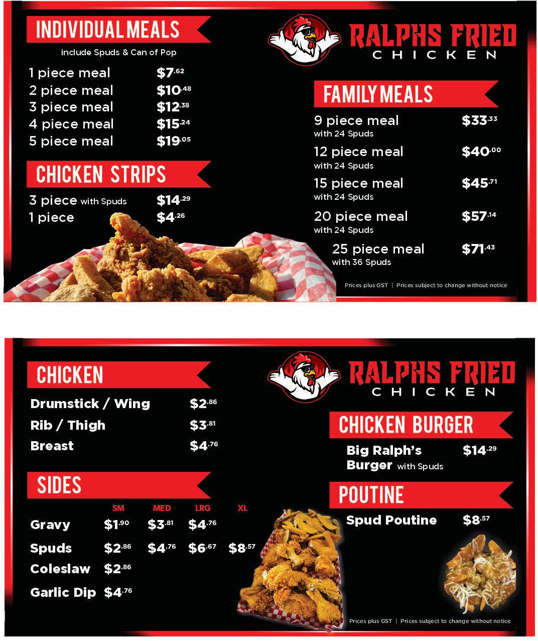 Menu at Ralphs Fried Chicken restaurant, Edmonton