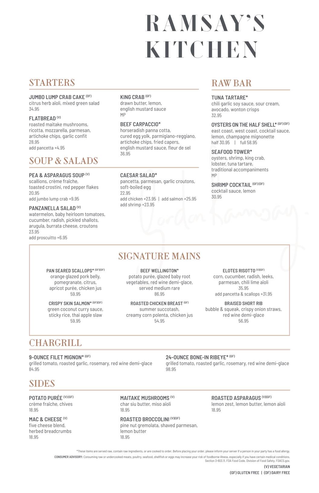 Menu at Ramsay's Kitchen restaurant, Las Vegas