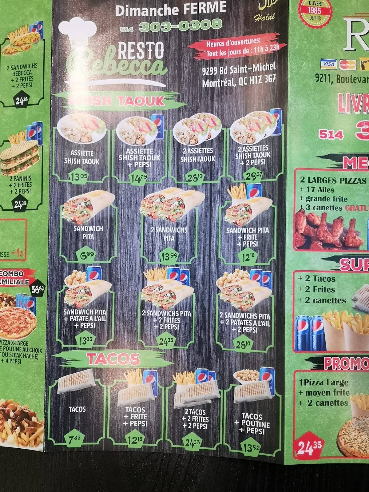 Menu at Rebecca Shish Taouk restaurant, Montréal
