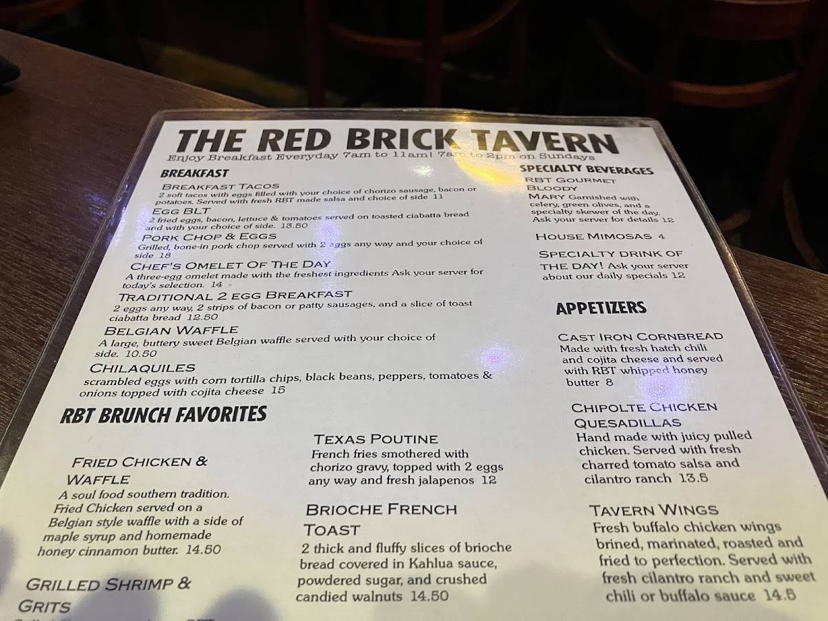 Menu at Red Brick Tavern restaurant, Conroe, 119 Simonton St