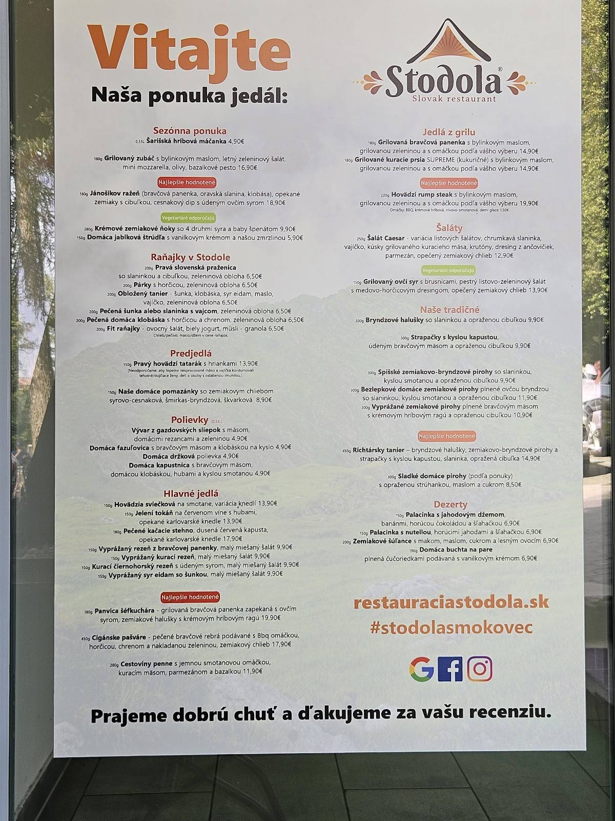 Menu au Reštaurácia Stodola restaurant, Vysoké Tatry