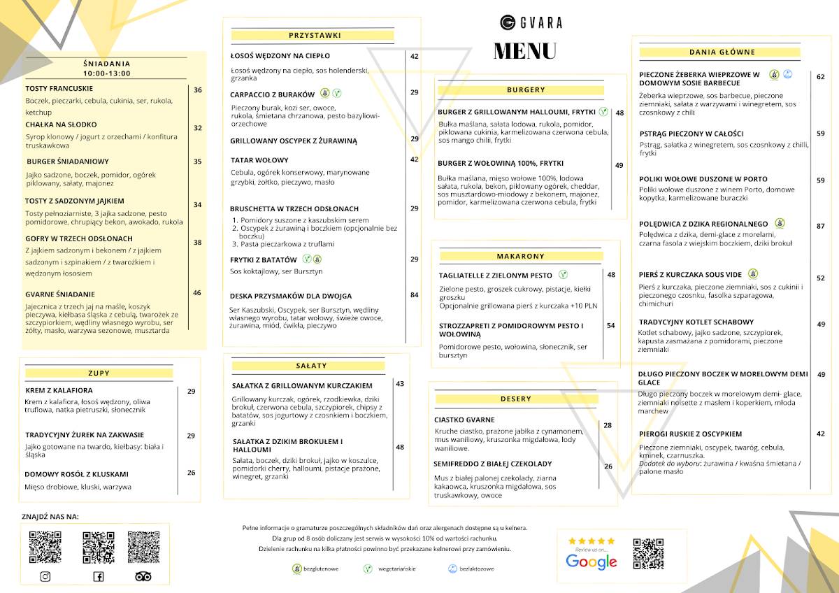 Menu at Restauracja Gvara restaurant, Gdańsk