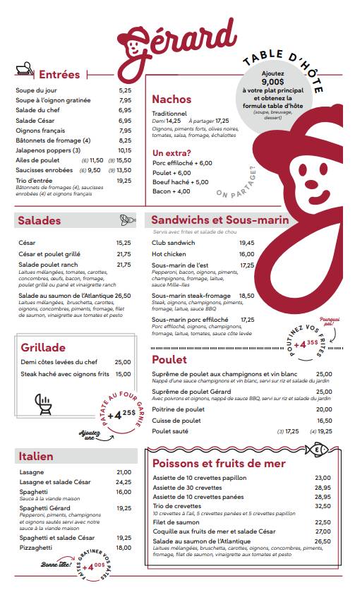 Menu au Restaurant Chez Gérard, Saint-Georges