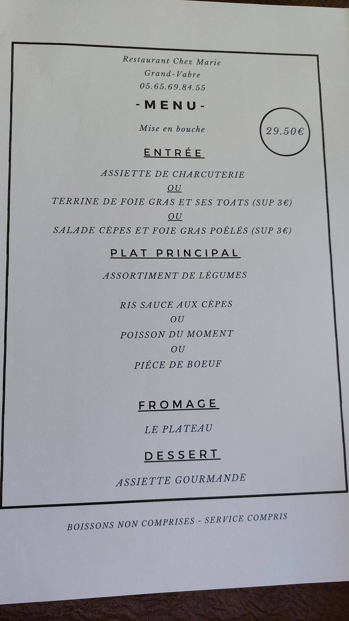 Menu au Restaurant Chez Marie Grand-Vabre, Grand-Vabre, 24 Route de la ...