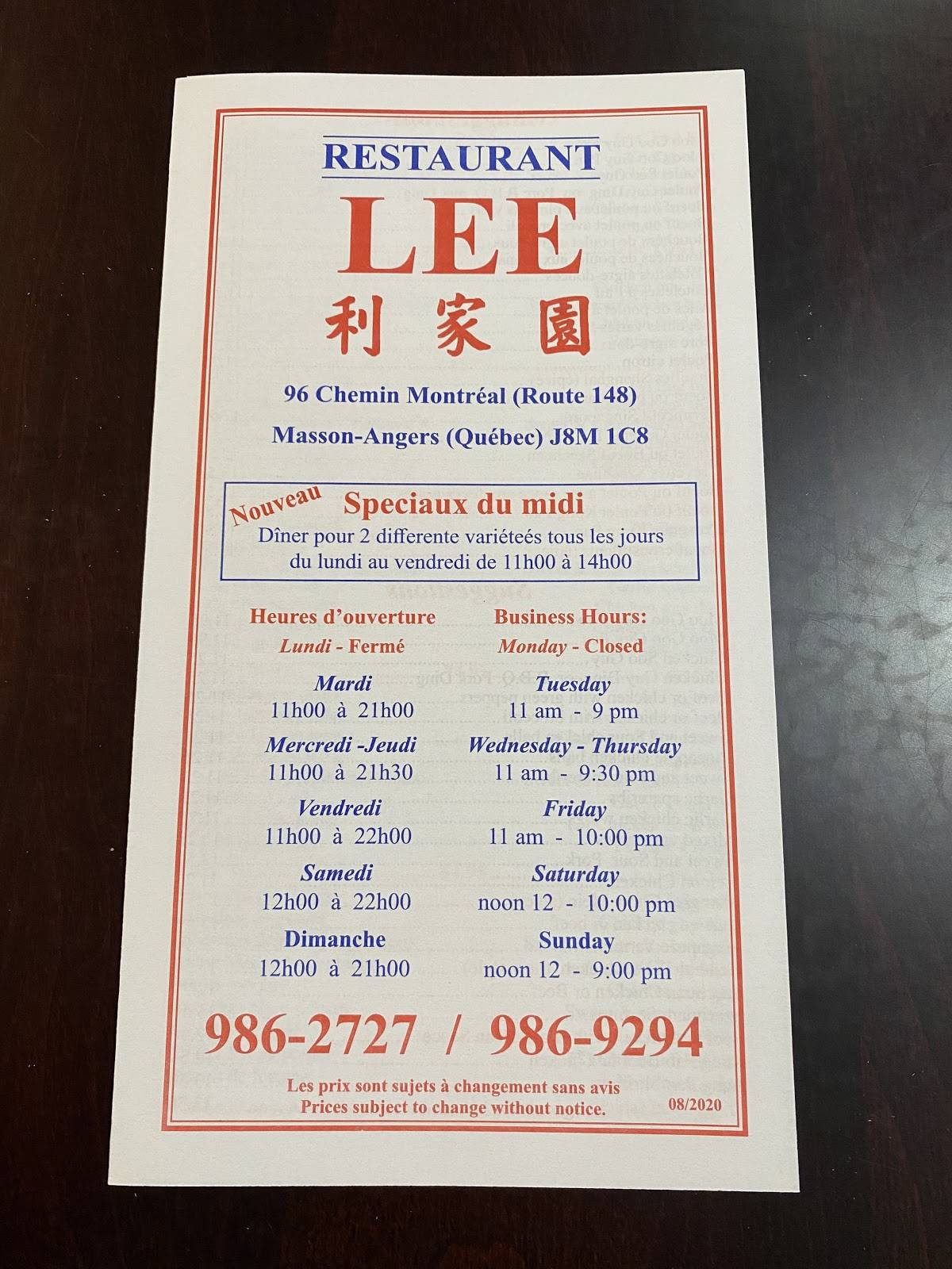 Menu au Restaurant Lee, Gatineau