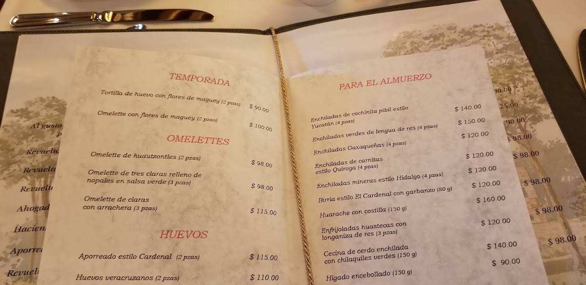 Carta del restaurante El Cardenal del San Ángel, Ciudad del México, Av ...