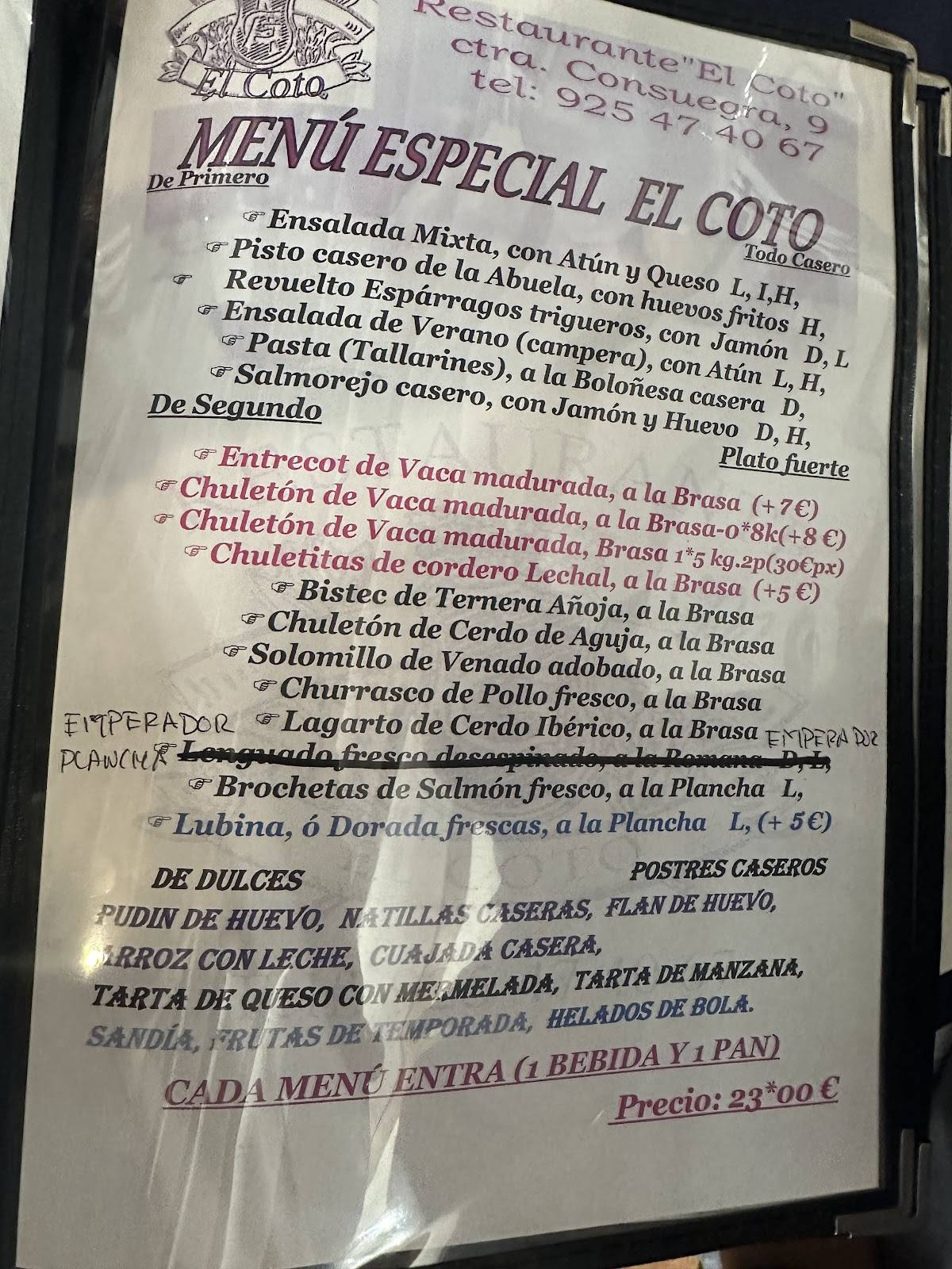 Carta de Restaurante El Coto, Urda
