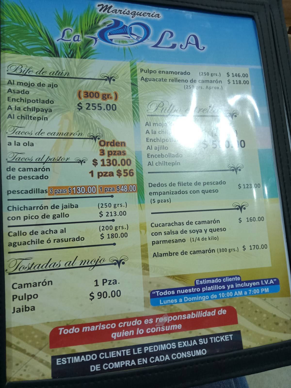 Carta del restaurante La Ola Marisquería, Heroica Puebla del Zaragoza ...
