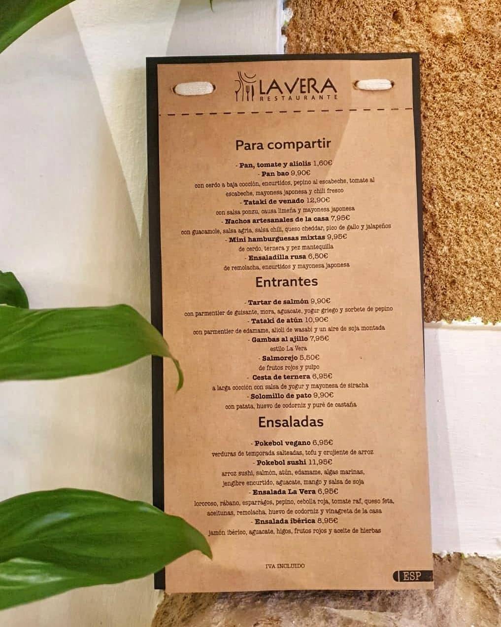 Carta de Restaurante La Vera, Jávea