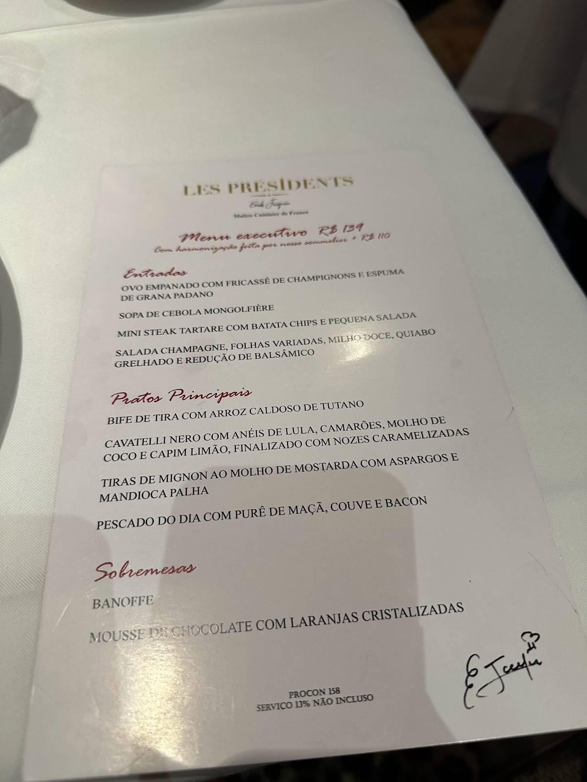 Menu em Restaurante Les Présidents - Erick Jacquin, São Paulo