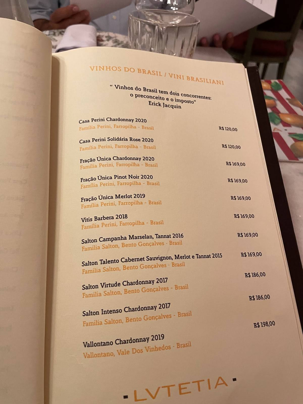 Menu em Restaurante Lvtetia - Chef Erick Jacquin, São Paulo