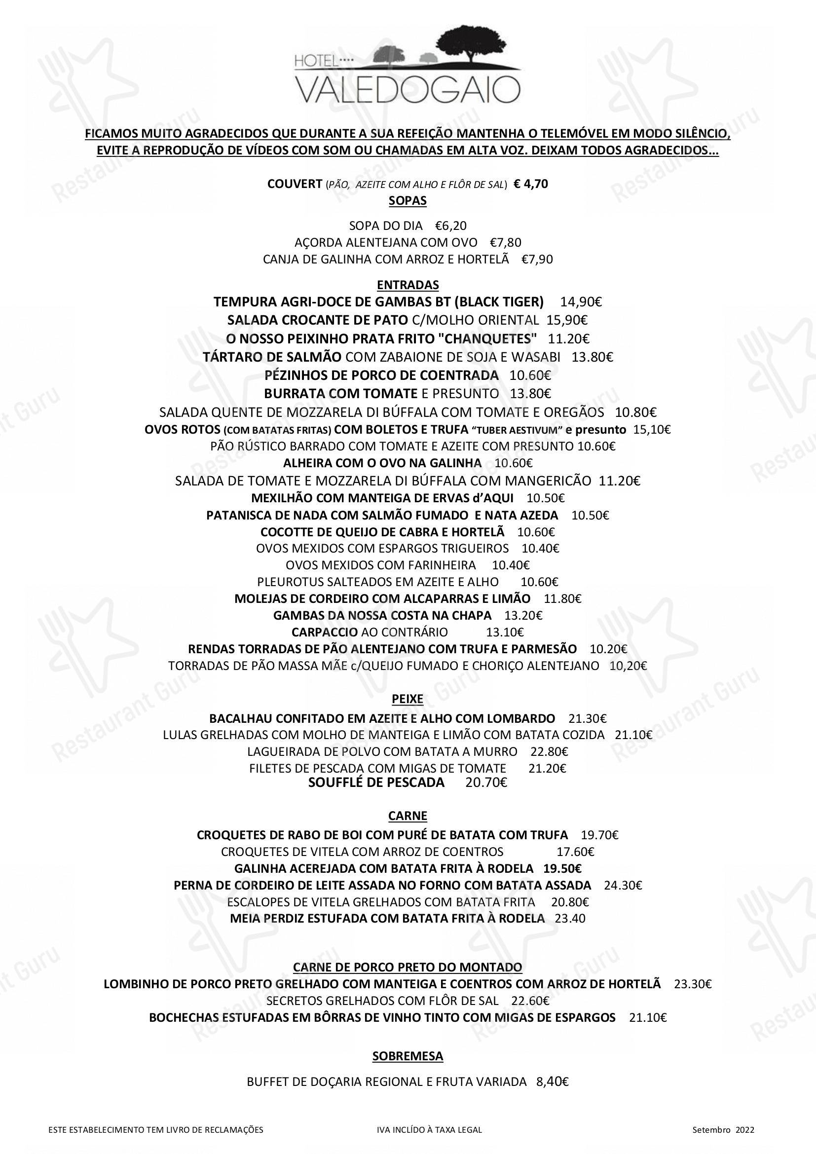 Menu em Hotel Vale do Gaio restaurante, Torrão