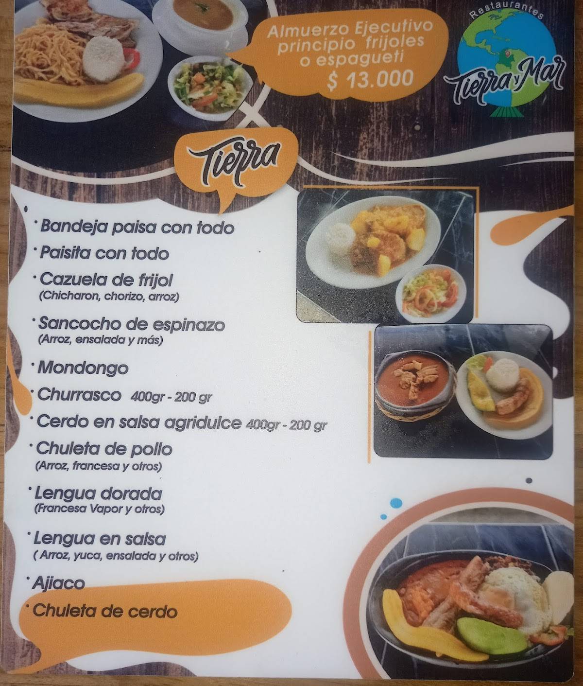 Menu at Restaurante tierra y mar, Colombia