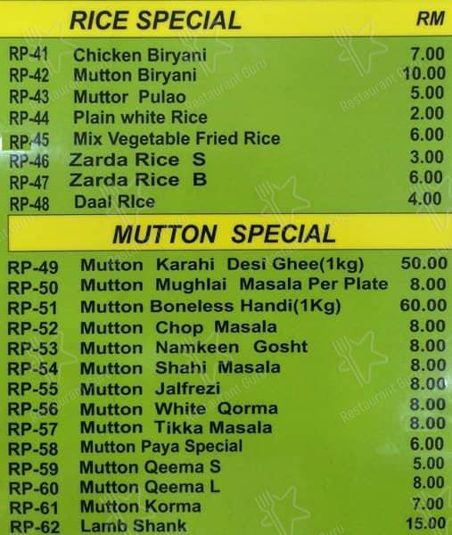 Menu at RESTORAN PAKISTAN restaurant, Kuala Lumpur
