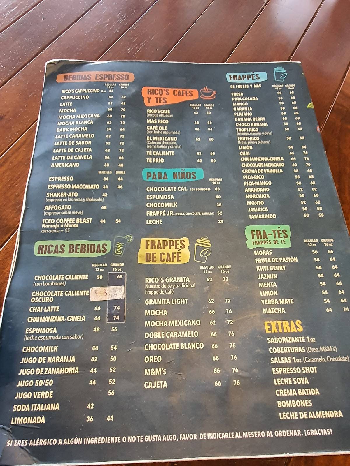 Menu at Rico’s Café - Zona Dorada, Mazatlán, Av Camarón Sábalo