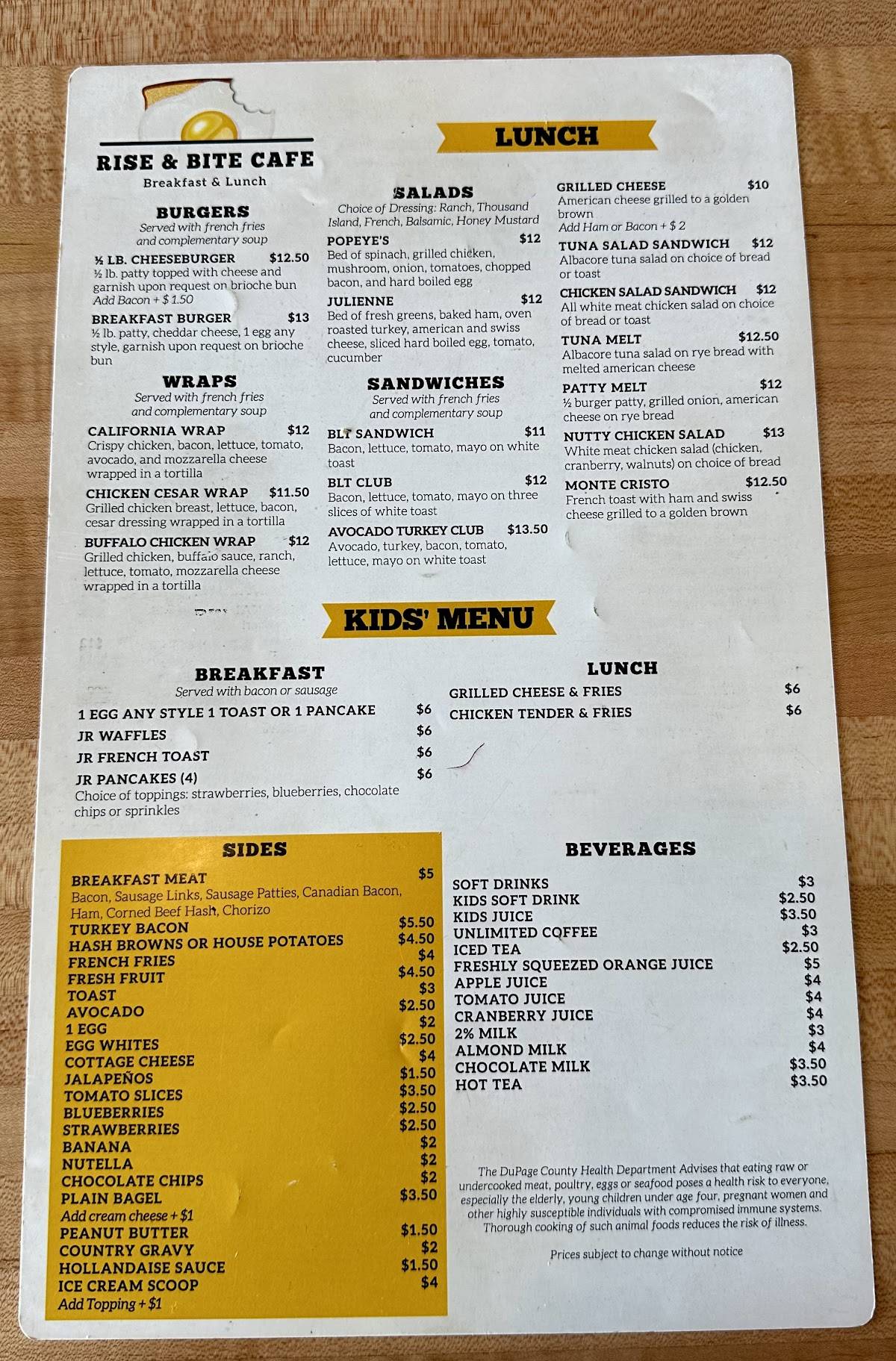 Menu at Rise & Bite Cafe, Naperville