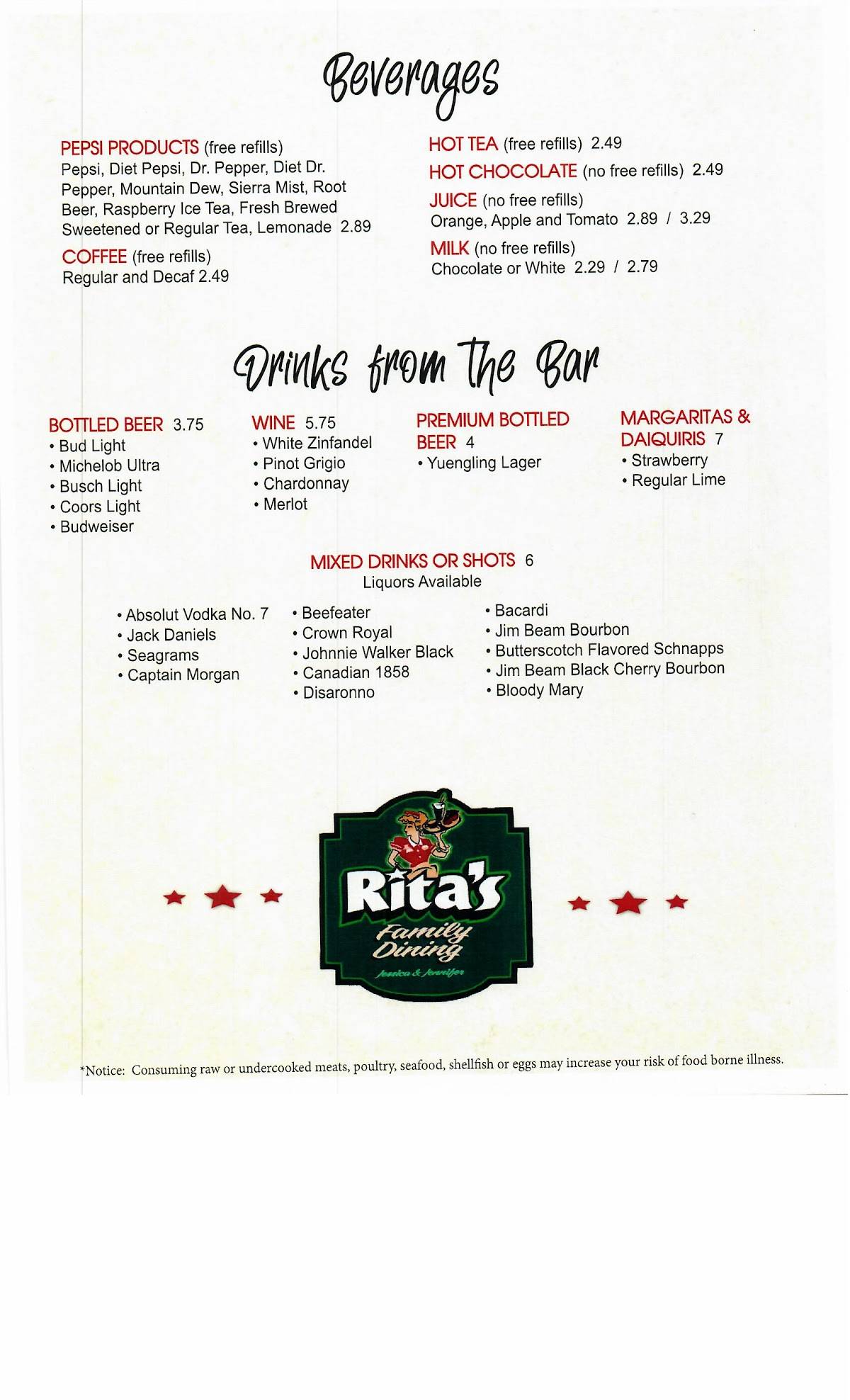Menu at Rita's Family Dining restaurant, Edgerton