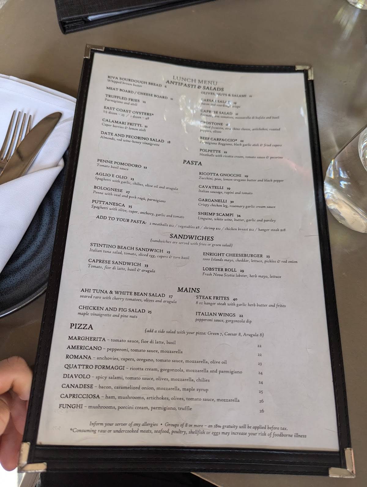 Menu at Riva restaurant, Gananoque