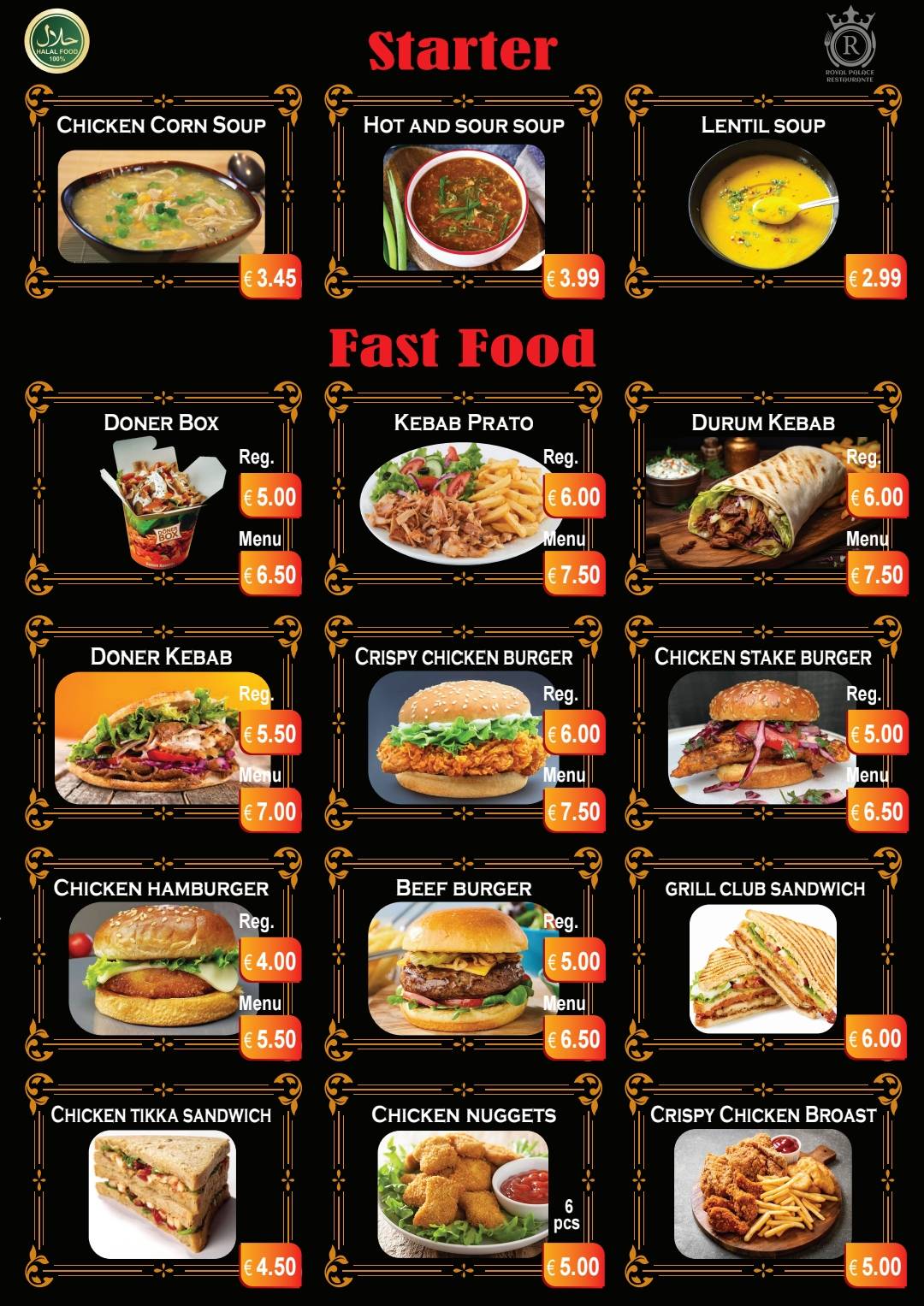 Menu at Royal Palace restaurant, Porto