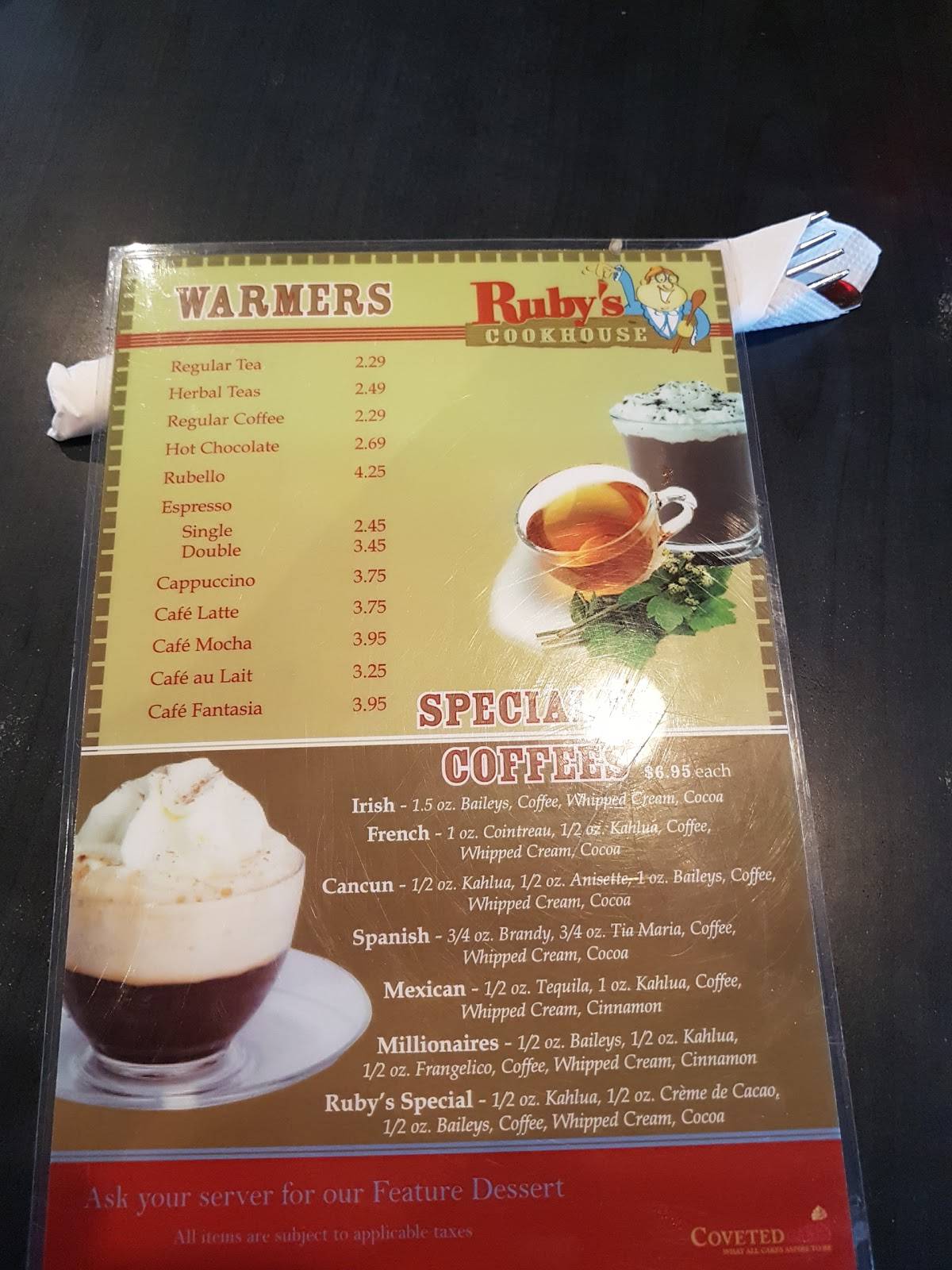 Menu at Ruby's Cookhouse restaurant, Aylmer