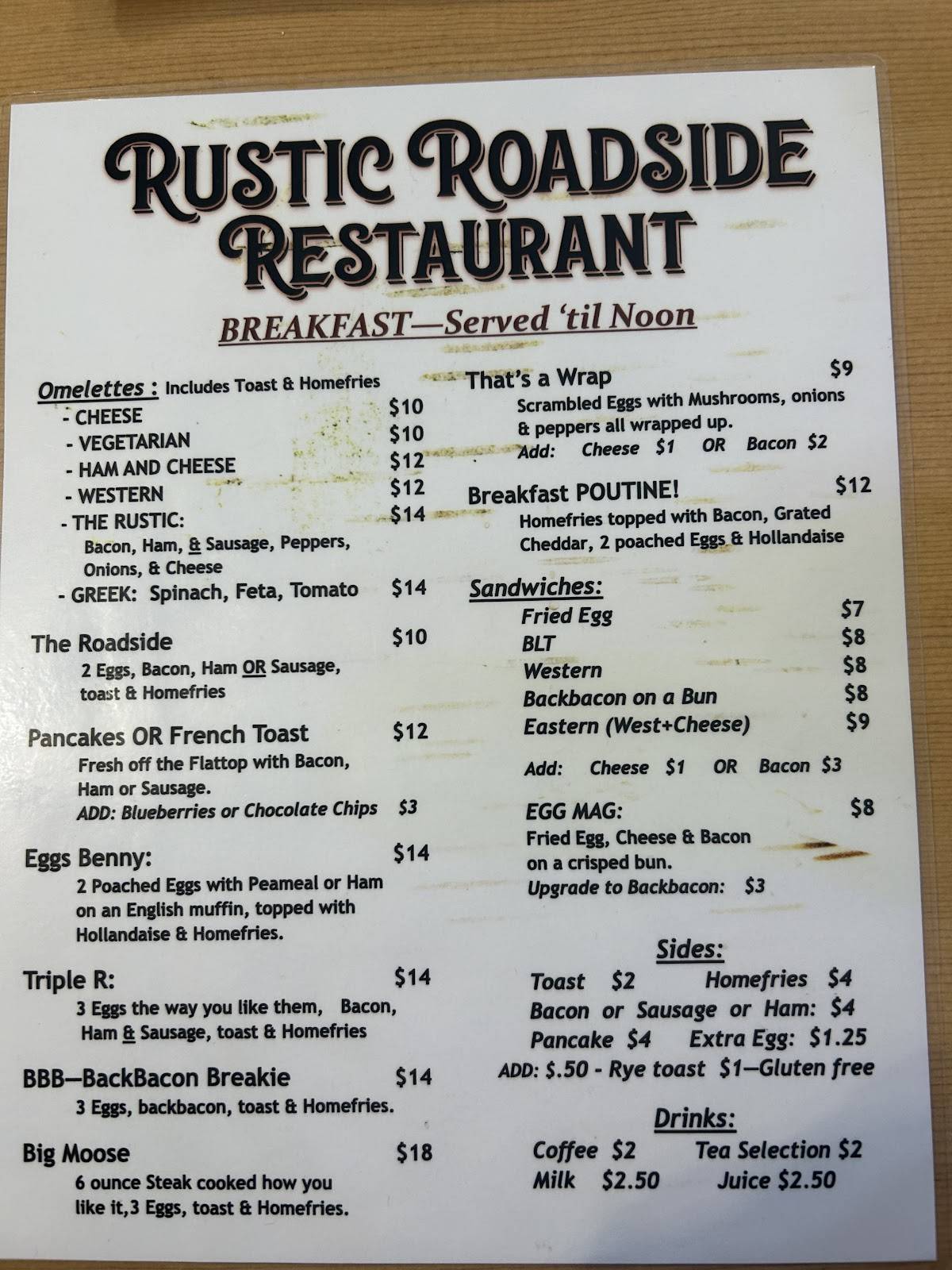 Menu at Rustic Roadside Restaurant, Gilmour