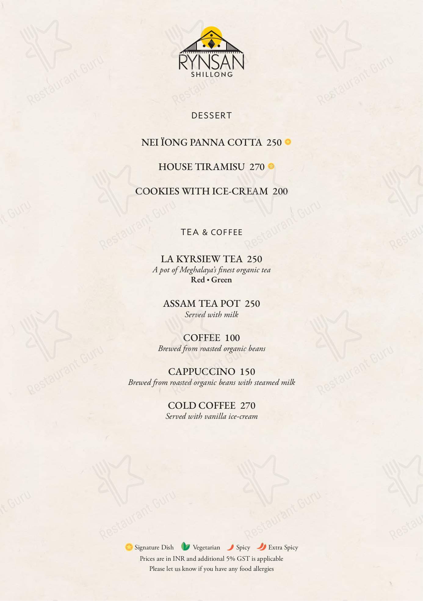 Menu at Rynsan, Shillong, Shillong